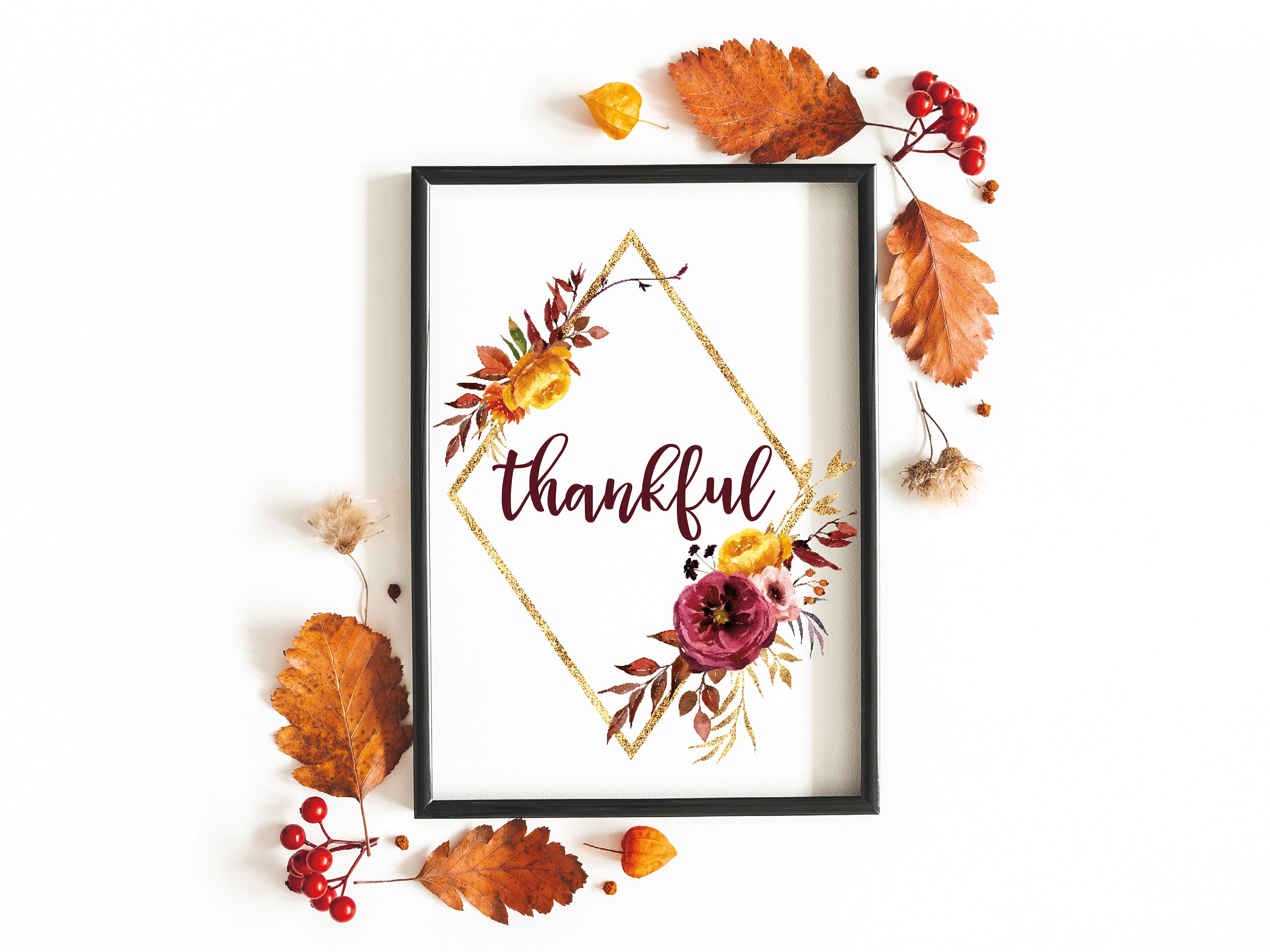 Thankful Printable Wall Art, Fall Leaves Decor Printable, Thankful ...