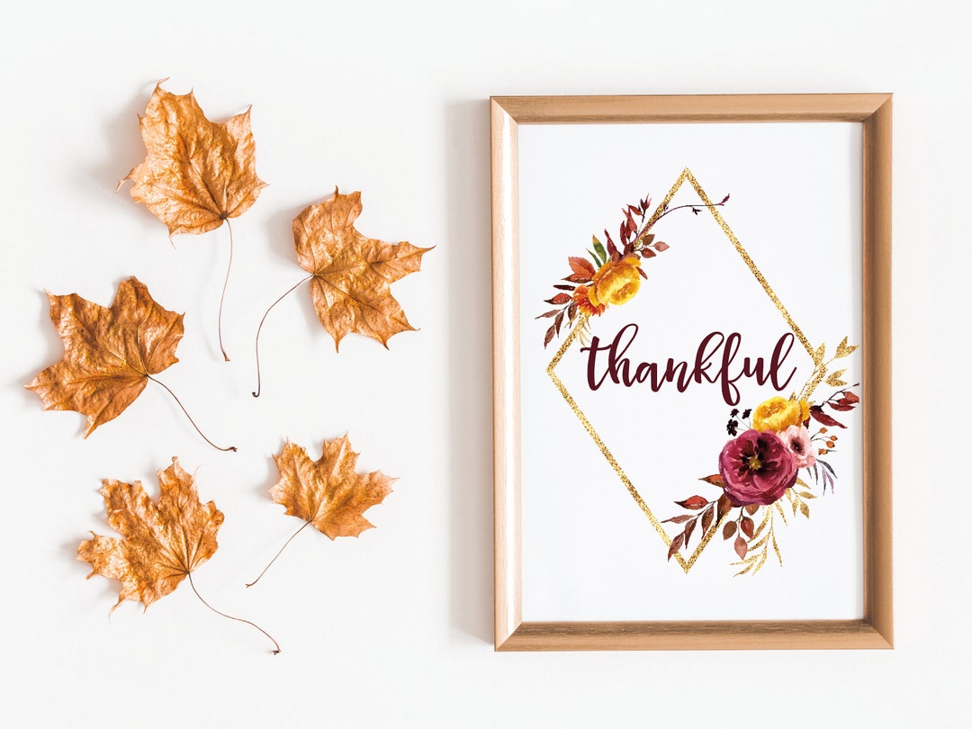 Thankful Printable Wall Art, Fall Leaves Decor Printable, Thankful ...