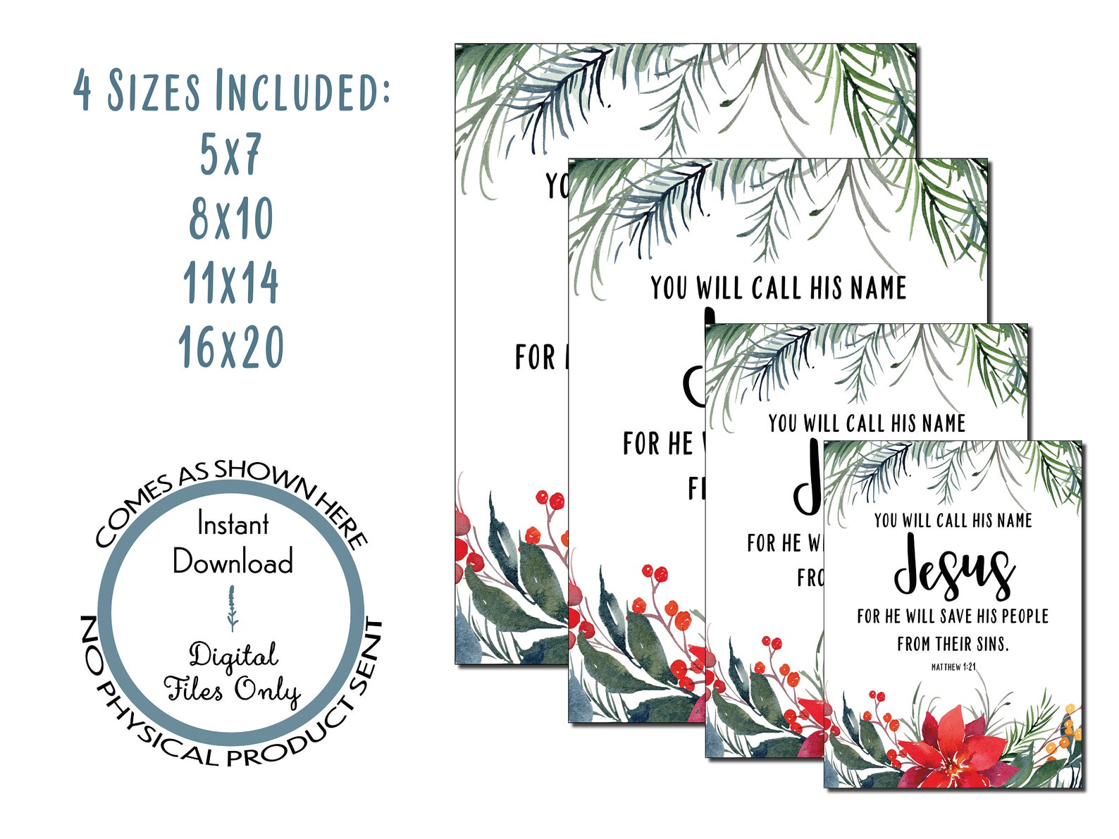 Christmas Bible Verse Sign, Matthew 1:21 Scripture Printable, Christmas ...
