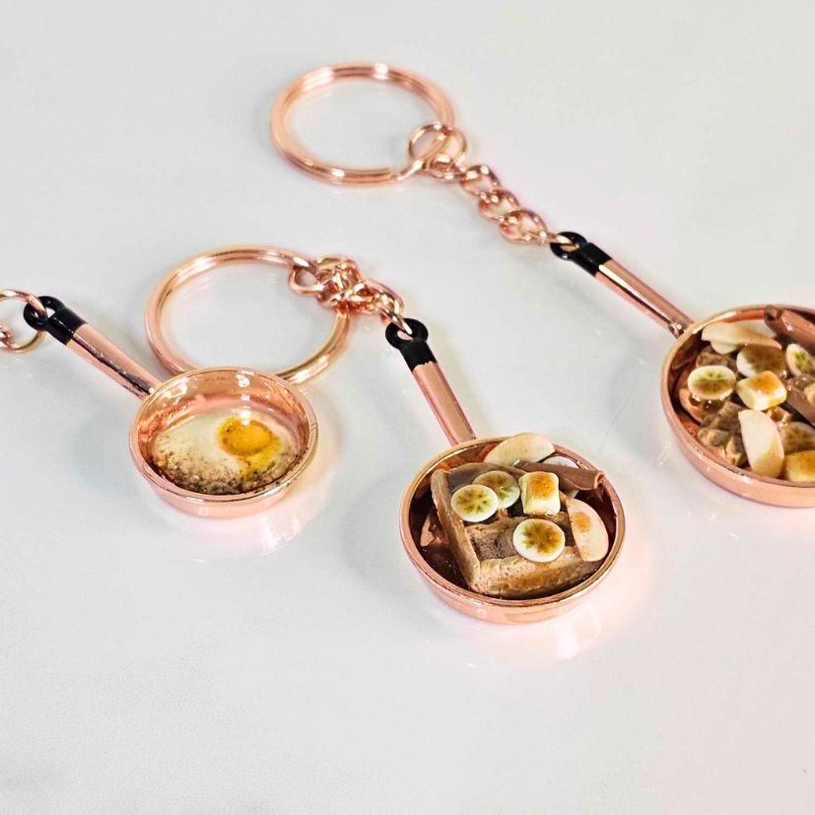 Waffle Keychain, Fried Egg Keychain, Pan Charm, Rose Gold Keychain ...