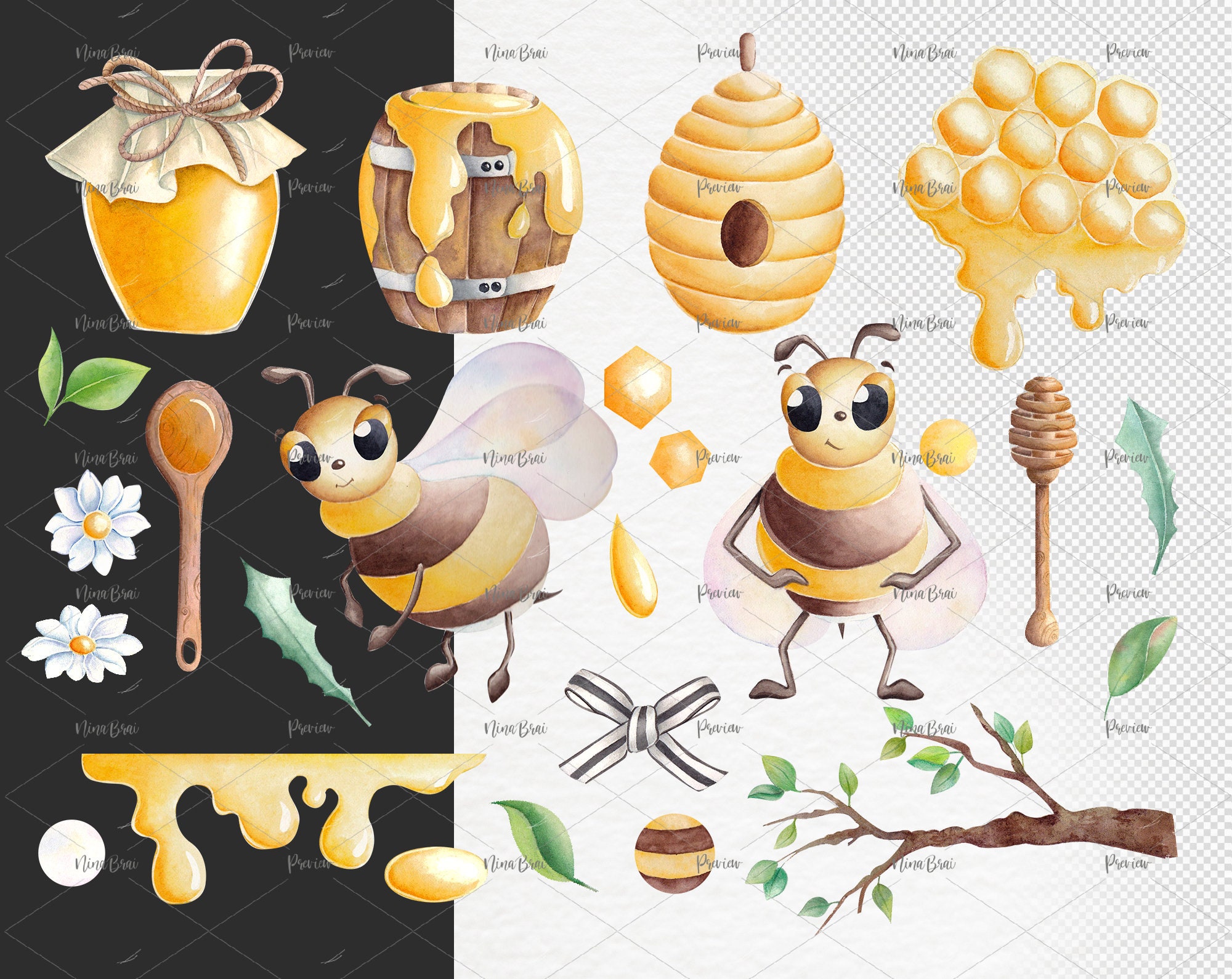 Watercolor Honey Bee Clipart, Bee Clip Art, Honey Sublimation ...