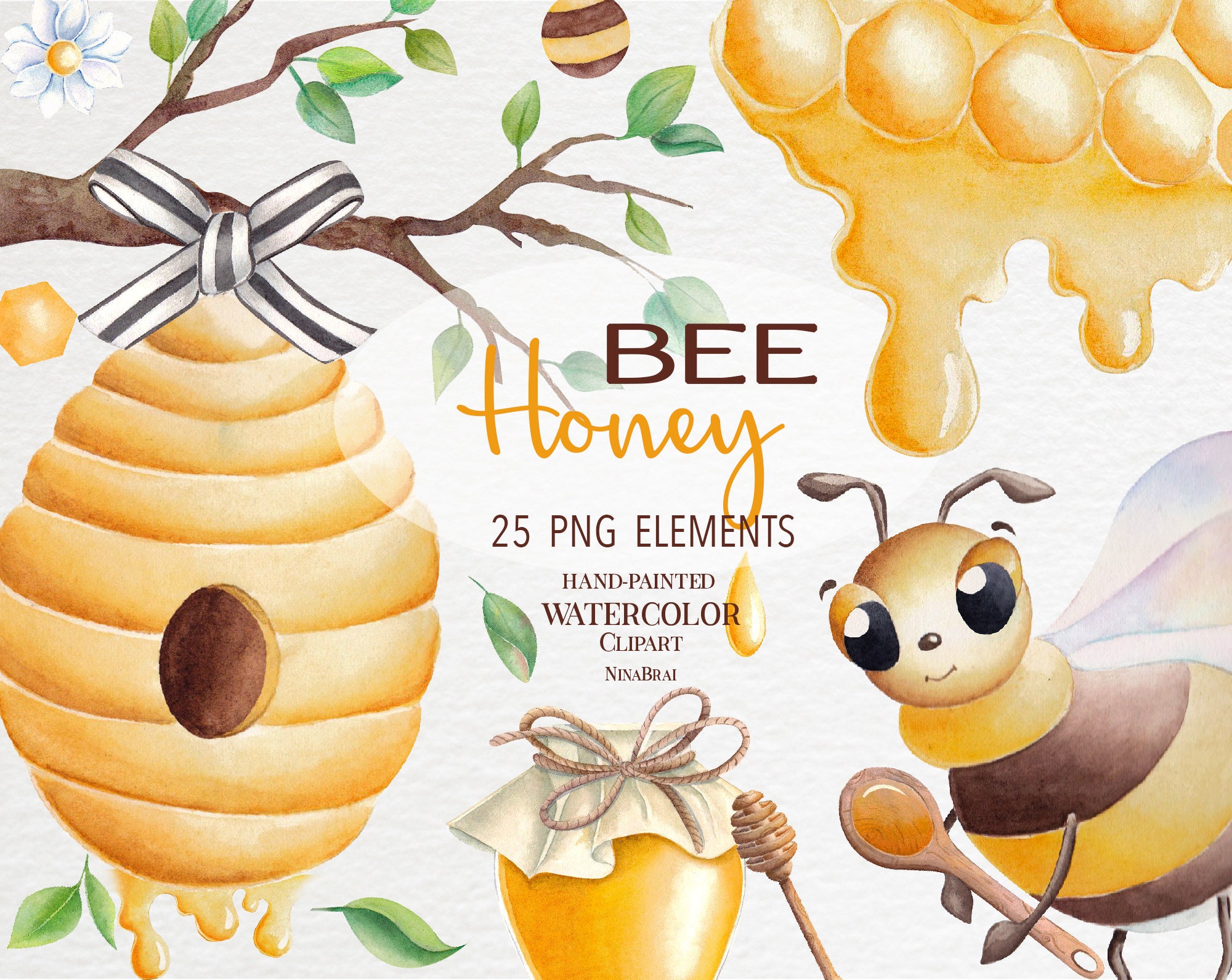 Watercolor Honey Bee Clipart, Bee Clip Art, Honey Sublimation ...