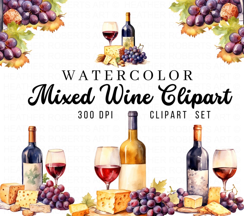 Wine & Cheese Watercolor Clipart: Charcuterie Board (instant Download ...