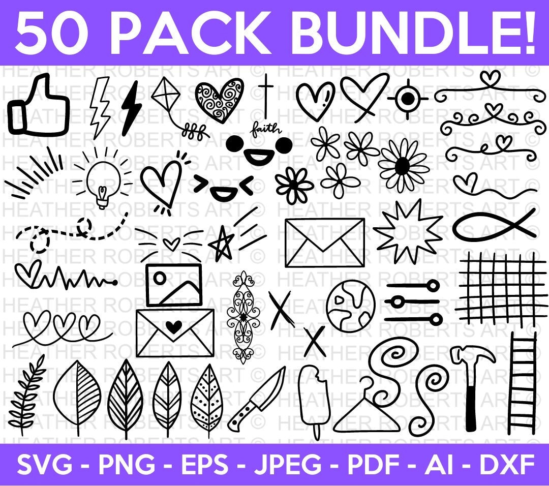 Doodle SVG Bundle: Hand-drawn Designs, Flowers, Hearts (50 Files) - Etsy