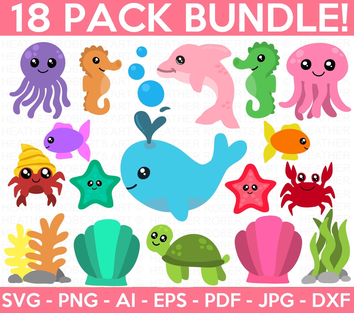 Sea Creatures SVG Bundle, Sea Animals SVG, Seahorse SVG, Crab Svg, Fish ...
