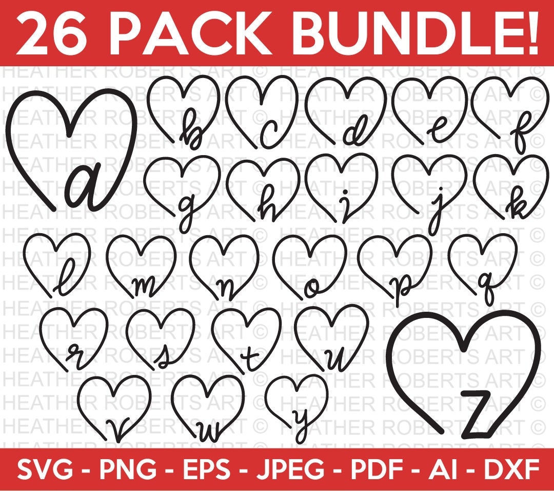 Heart Monogram Alphabet SVG Bundle: Handwritten Letters (26 Cut Files ...
