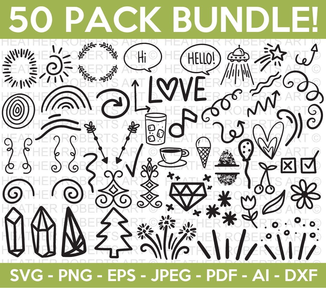 Doodle SVG Bundle, Heart SVG, Crystal Svg, Stars Svg, Spiral Svg, Hand ...