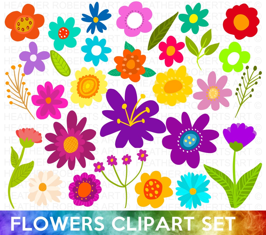 Colorful Flowers Clipart Set: Party Decorations, Stickers (PNG, Instant ...