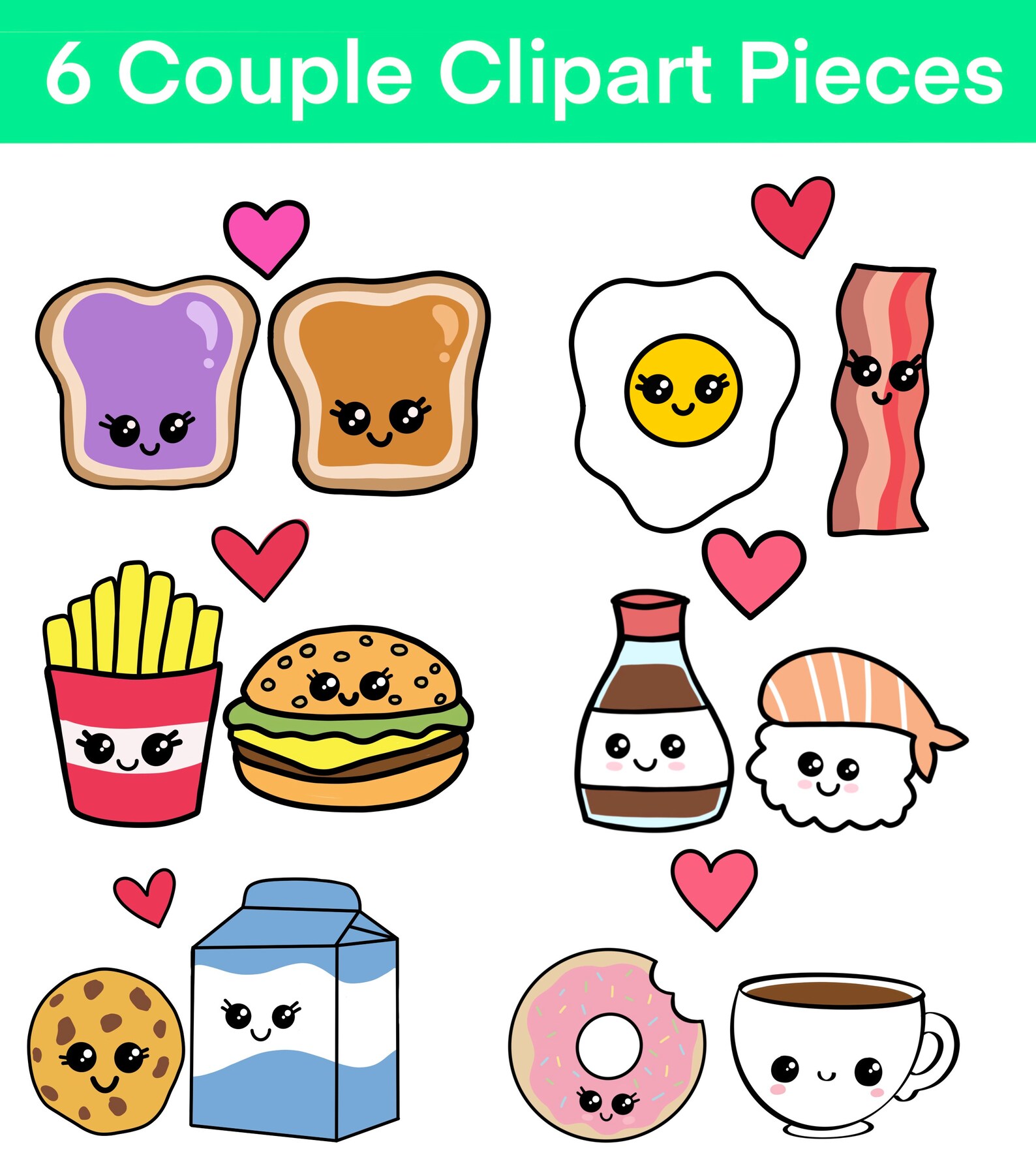 Perfect Match Kawaii Clipart Set PNG Cute Food Clip Art Friendship Best ...