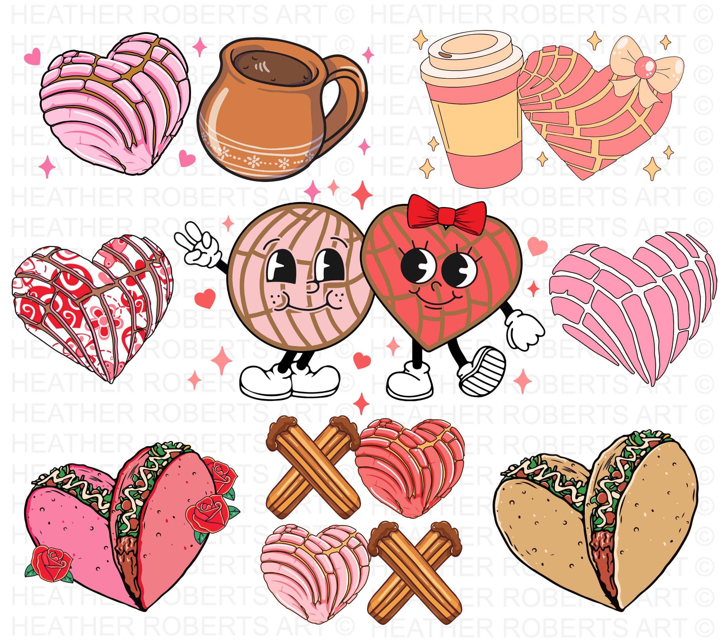 Concha Valentine Clipart Set: Retro Mexican Pan Dulce Heart PNG ...