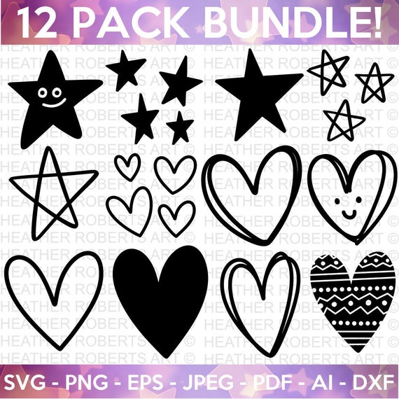 Doodle Hearts and Stars SVG Bundle Heart SVG Bundle Stars | Etsy