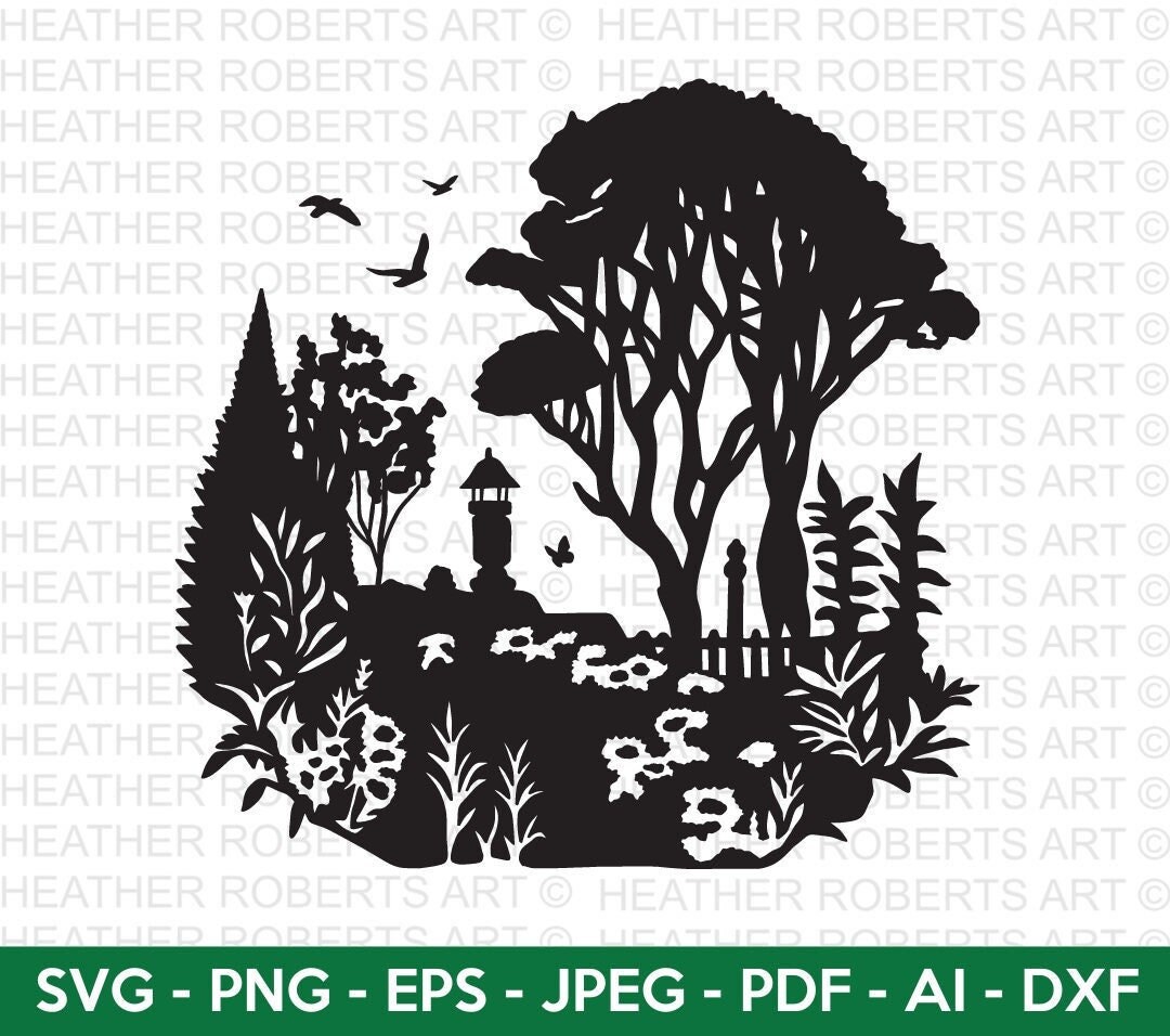 Garden Landscape SVG: Flowers, Trees, Birds Cut Files (digital Download ...