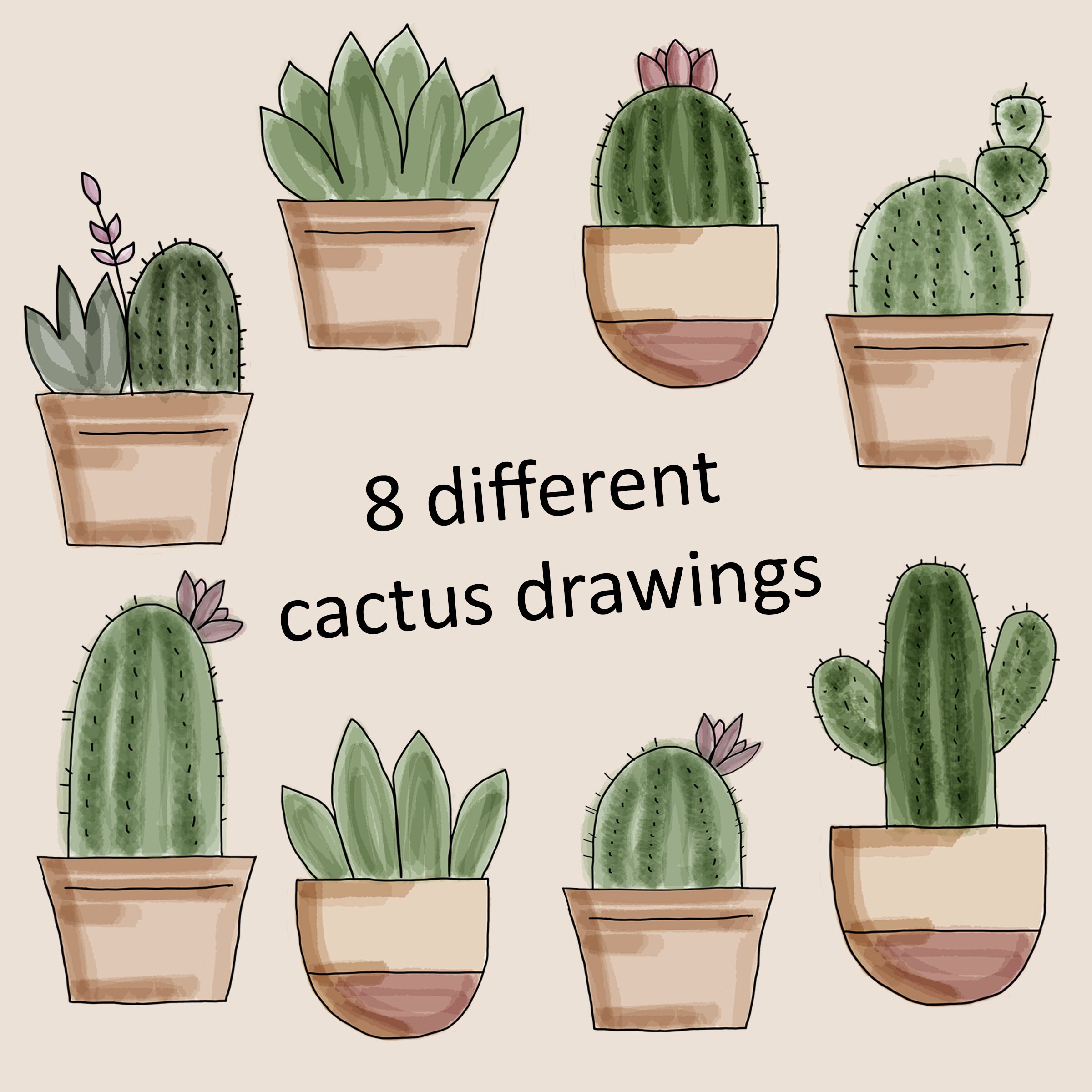 Watercolor Cactus Clipart Doodles Succulents Instant - Etsy