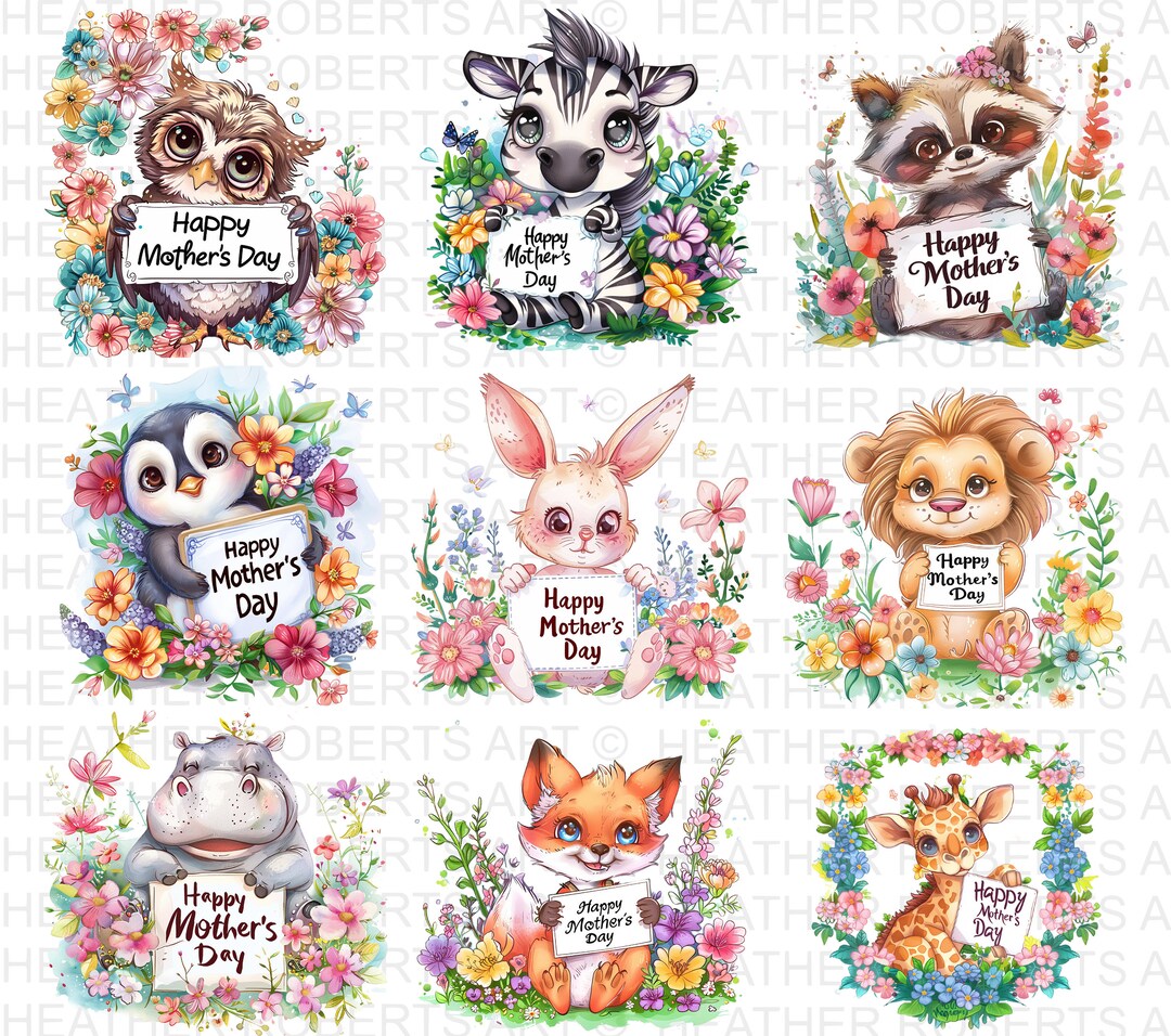 Cute Mother's Day Animals Clipart PNG Bundle, Baby Animals, Mother Day ...