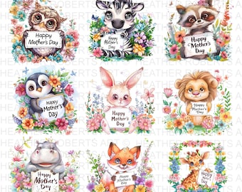 Cute Mother's Day Animals Clipart PNG Bundle, Baby Animals, Mother Day ...