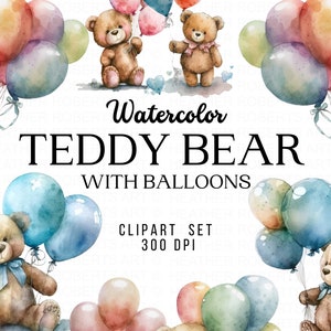 Watercolor Teddy Bear With Balloon Clipart, Teddy Bear Cute Clip Art ...