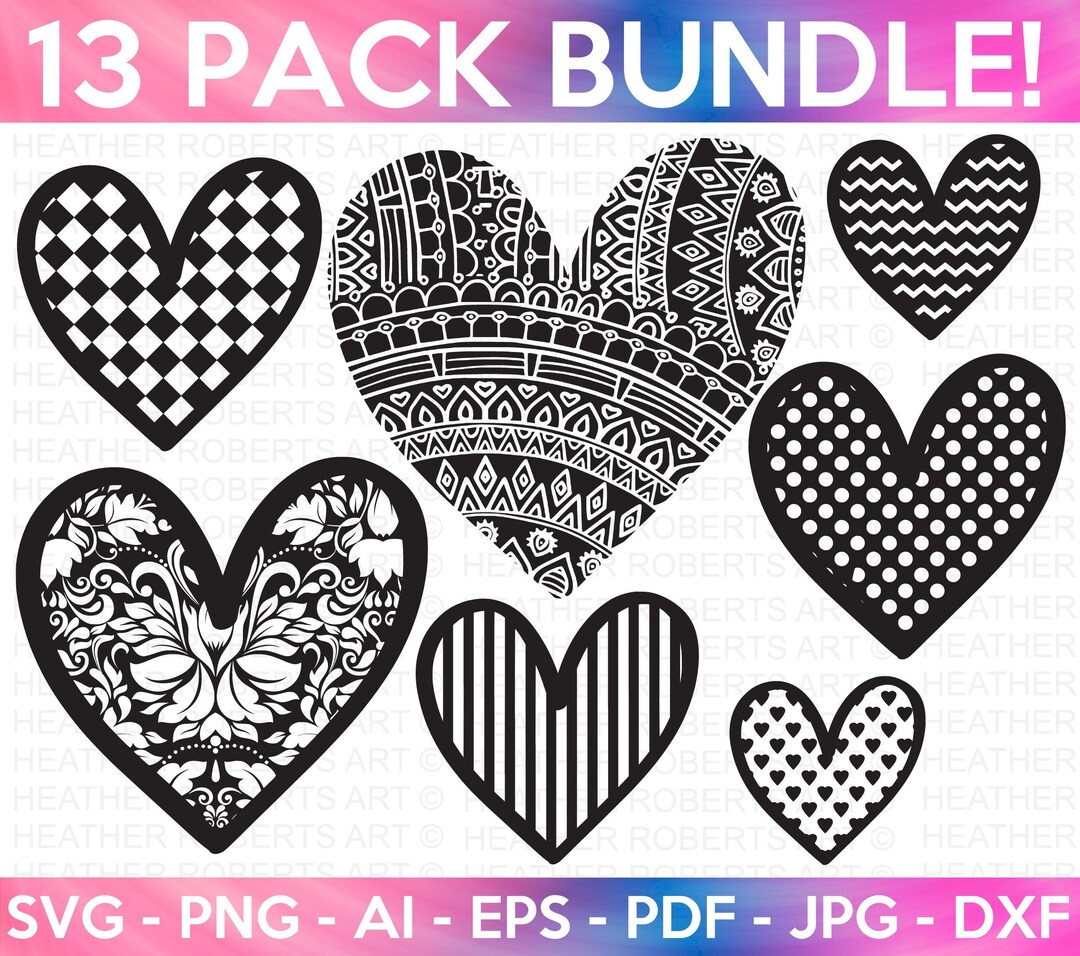 Heart SVG Bundle, Patterned Heart SVG, Sketch, Hand-drawn Heart Svg ...