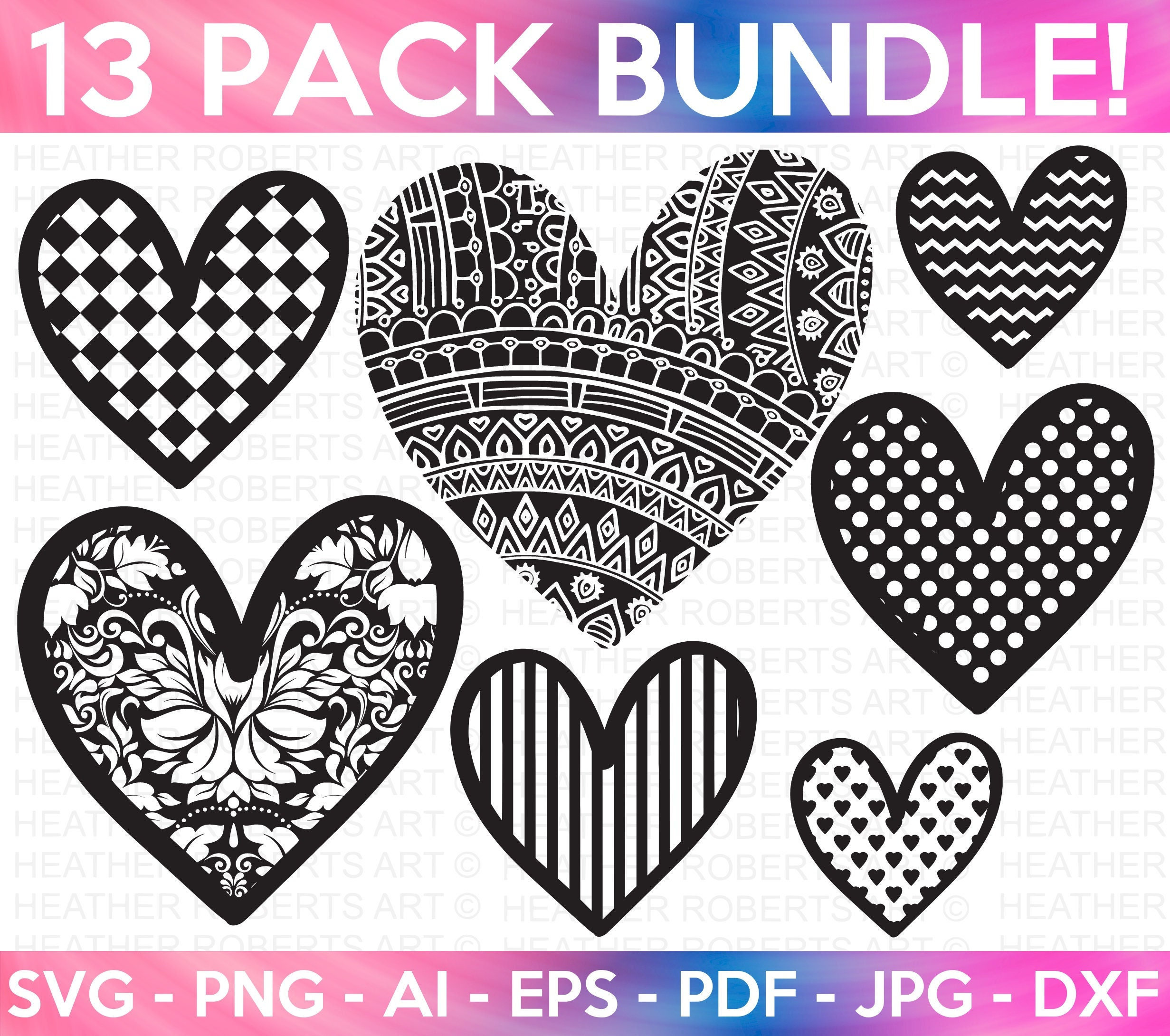 Heart SVG Bundle Patterned Heart SVG Sketch Hand-drawn - Etsy