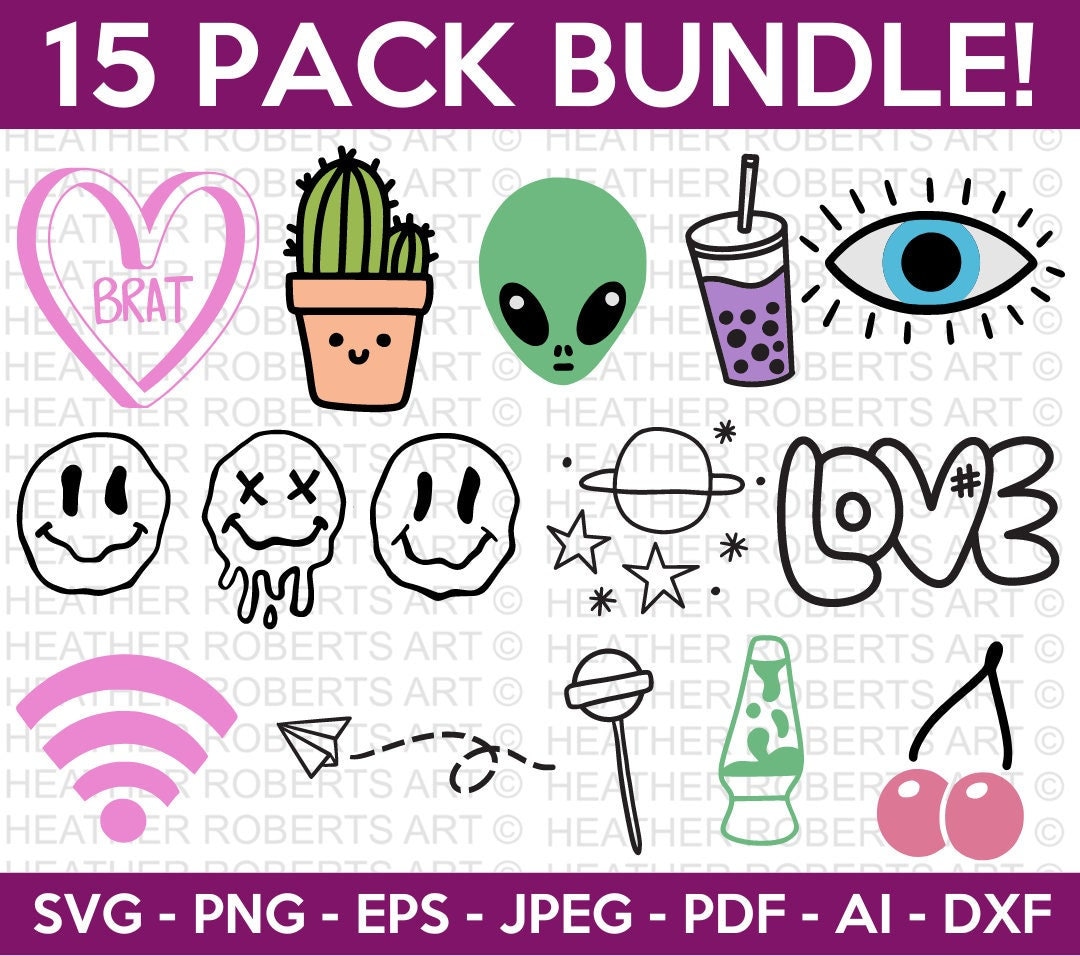 Aesthetic SVG Bundle, Brat Heart Svg, Cactus Svg, Alien Svg, Boba Tea ...