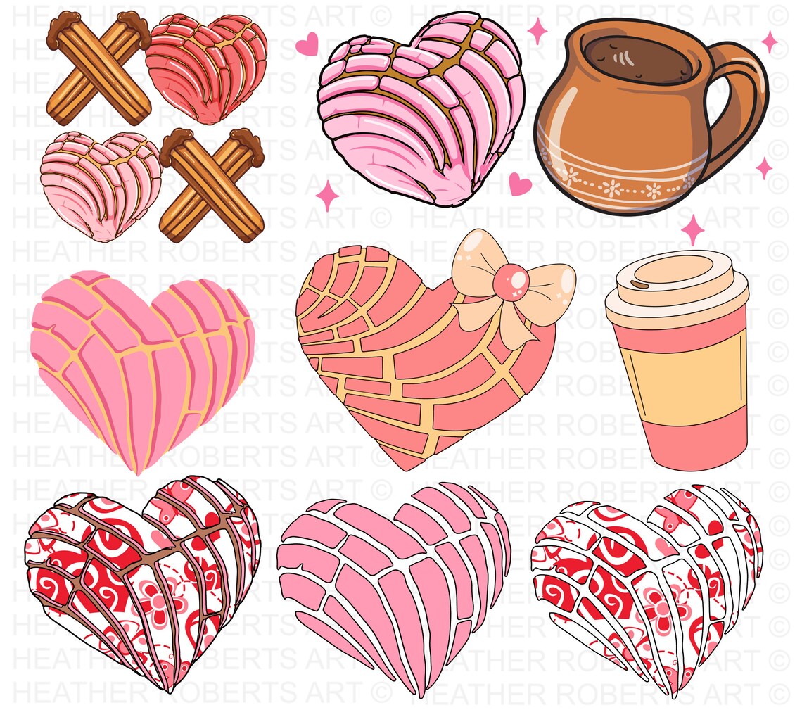 Concha Valentine Clipart Set: Retro Mexican Pan Dulce Heart PNG ...