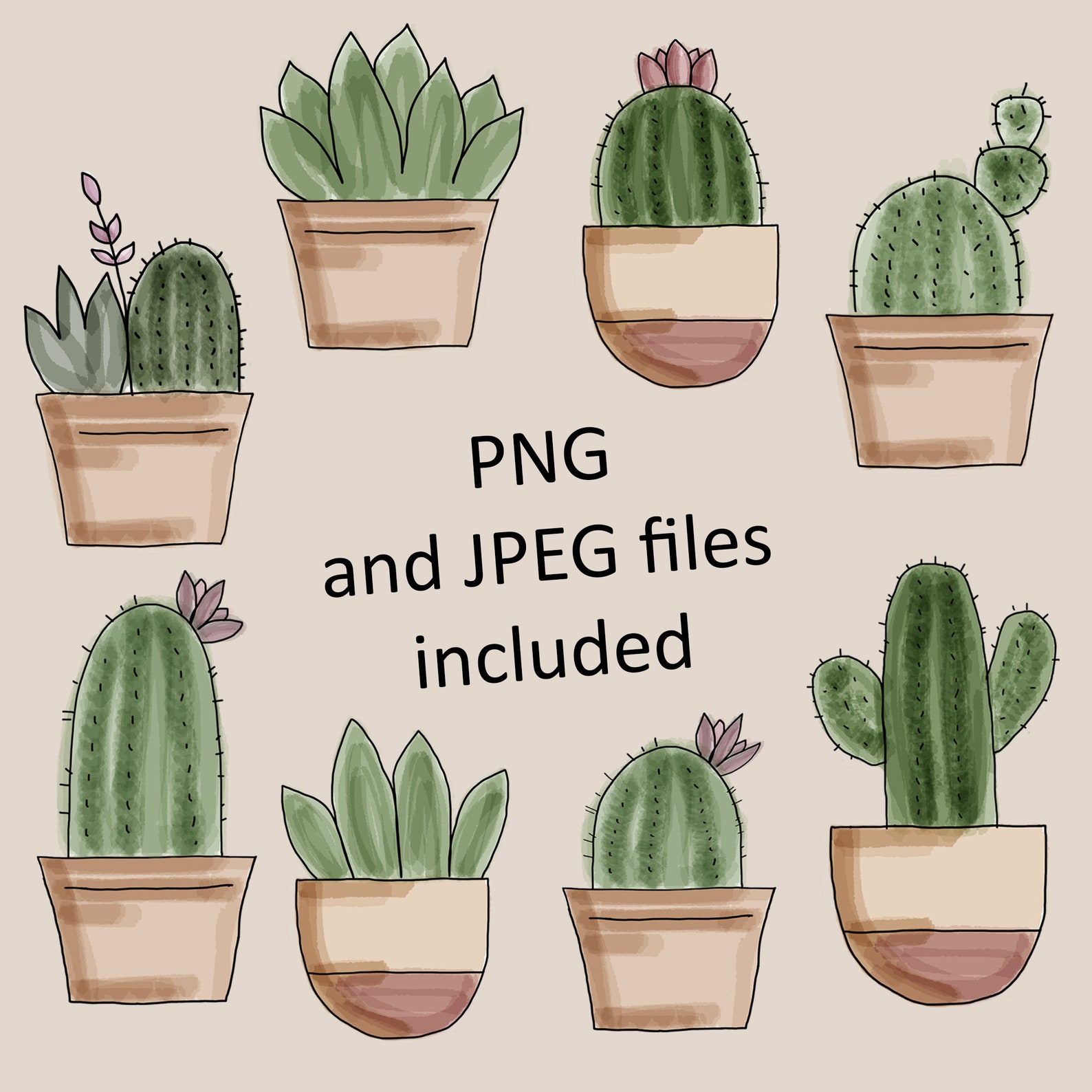 Watercolor Cactus Clipart Doodles Succulents Instant - Etsy