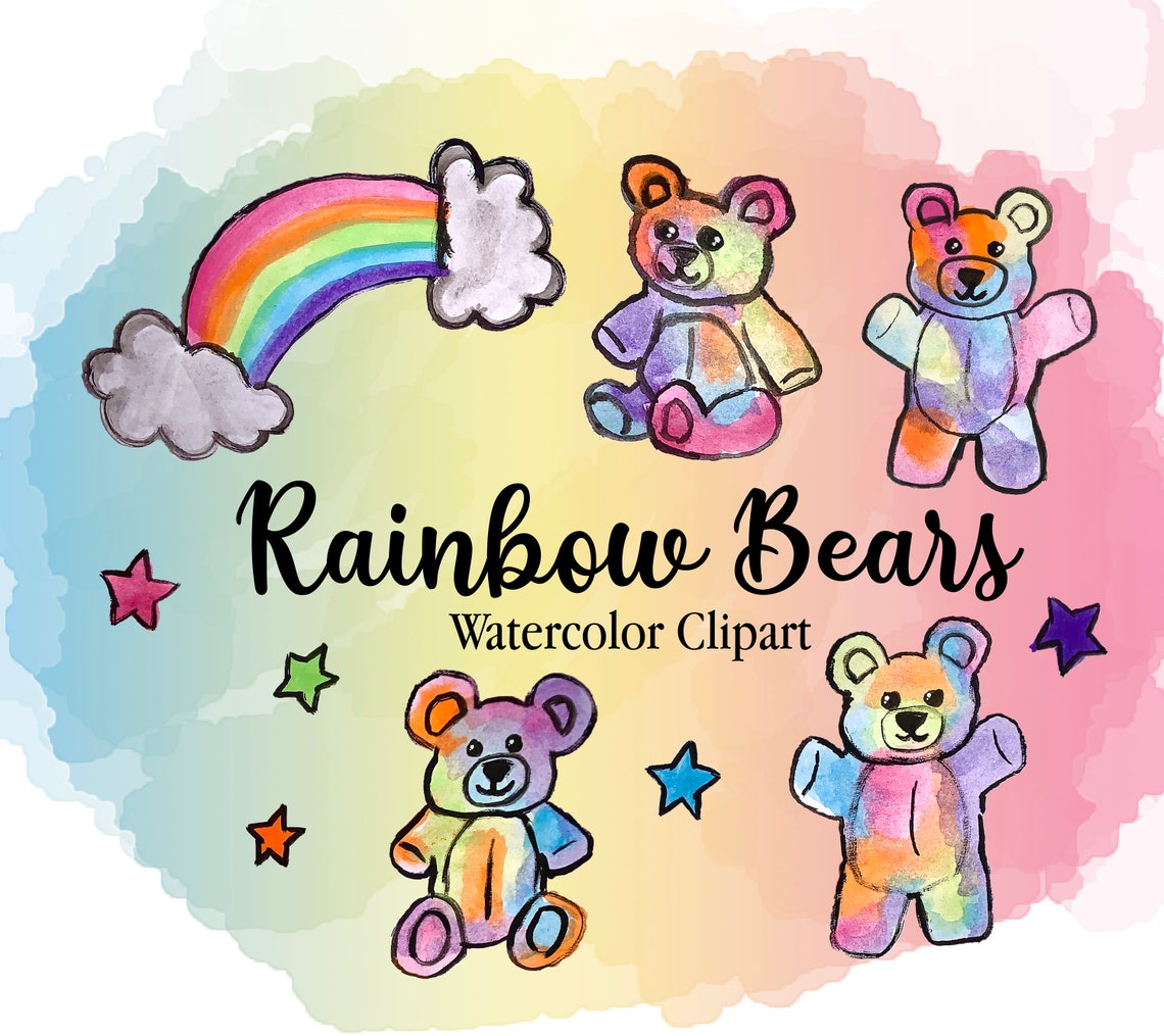 Rainbow Teddy Bears Watercolor Clipart PNG File Baby Toys - Etsy