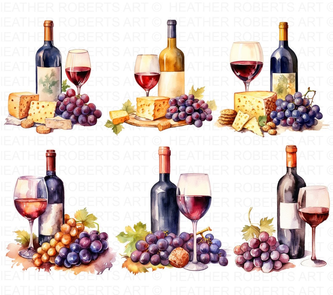 Mixed Wine Watercolor Clipart, Cheese Clipart, Charcuterie Board, Wine ...