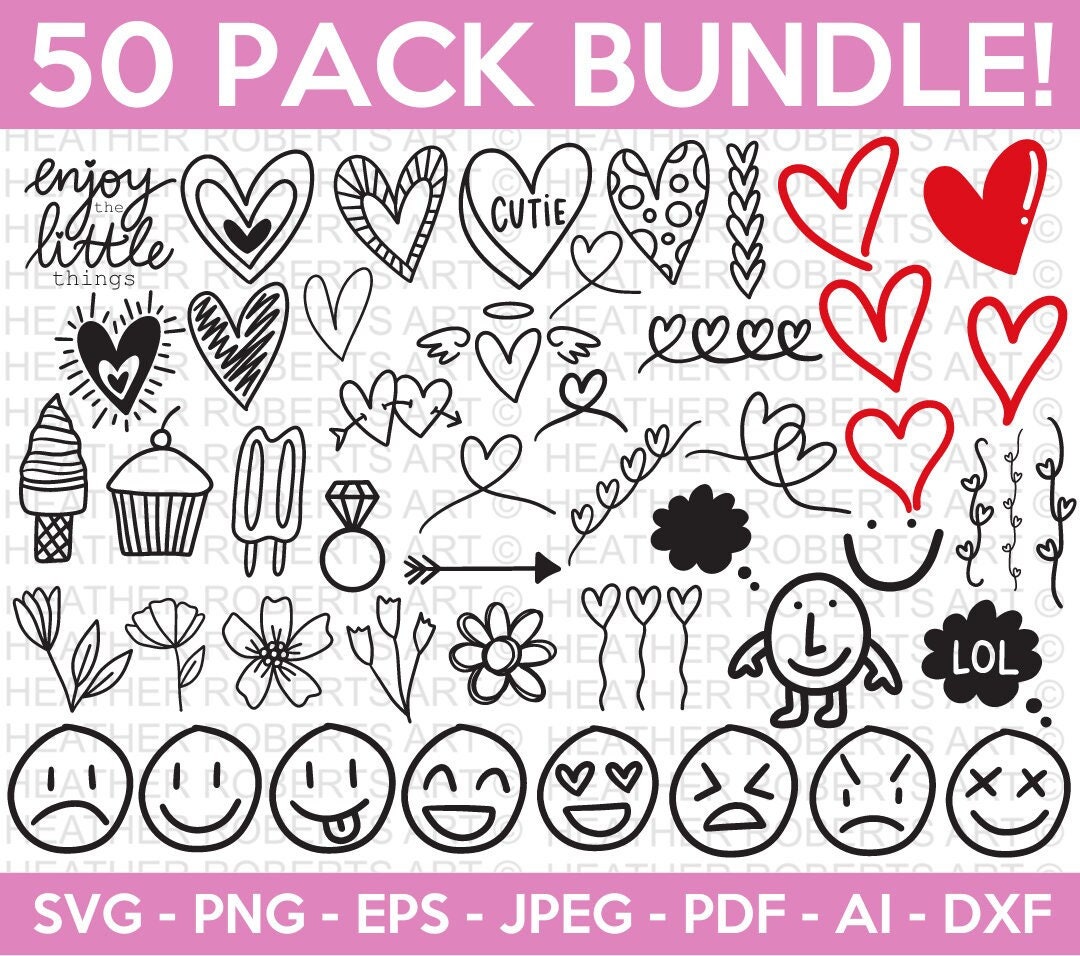Doodle SVG Bundle, Herz SVG, Emoji Svg, Blumen Svg, Eiscreme svg, Handgezeichnete Herzen Svg ...