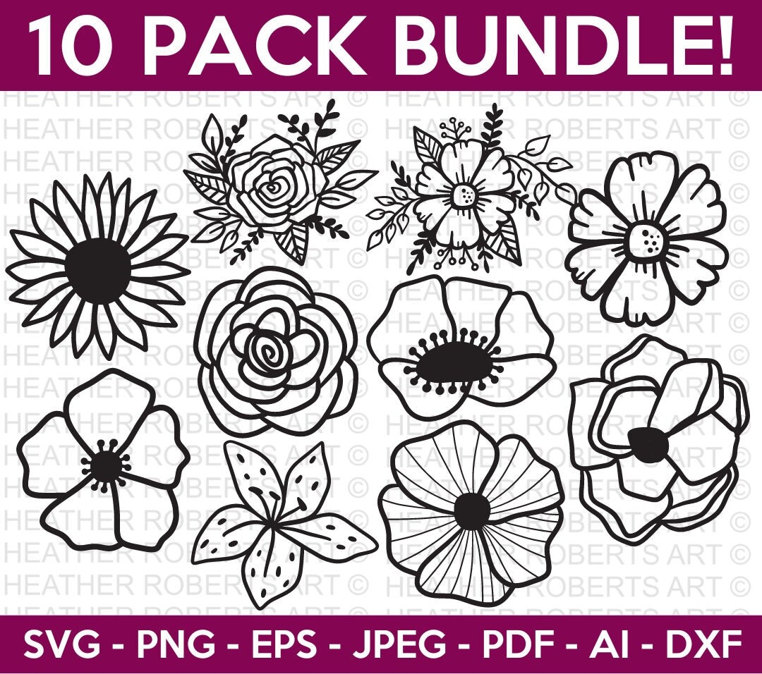 Flower Svg Bundle, Rose Svg, Sunflower Svg, Floral Bouquet PNG, Flowers ...