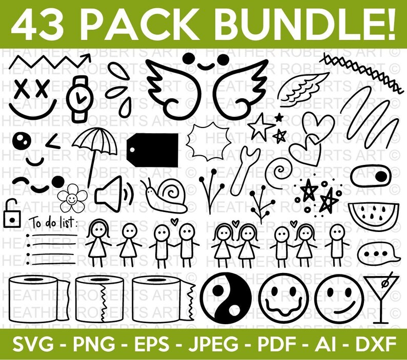 Doodle SVG Bundle, Heart SVG, Wings Svg, Stars Svg, Emoji Svg, Hand ...