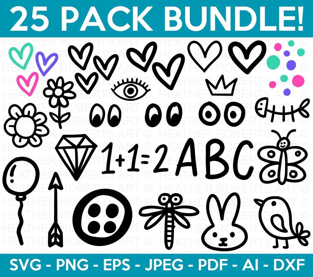 Doodle SVG Bundle, Heart SVG, Arrow Svg, Bird Svg, Eyes Svg, Flower Svg ...