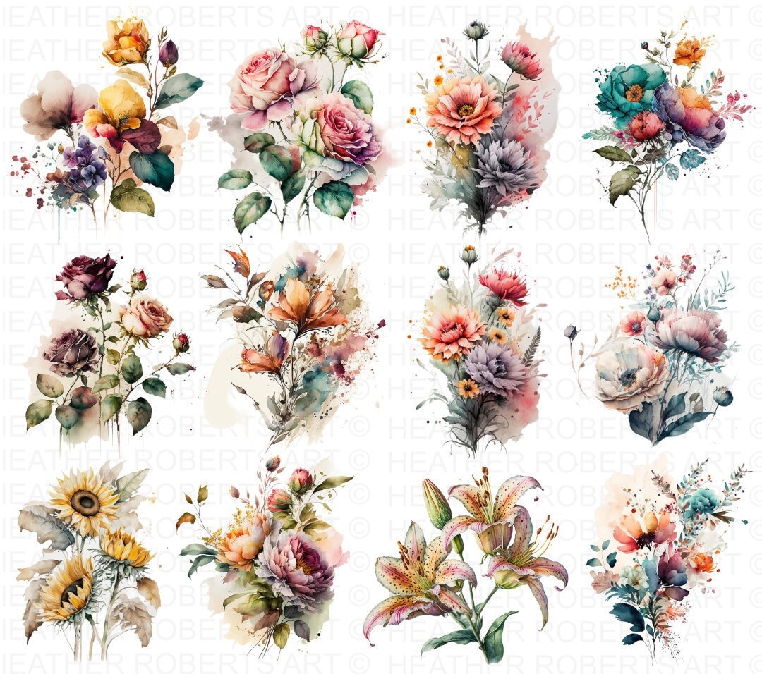 Watercolor Flower Clipart: Spring Bouquet PNG Graphics (digital ...