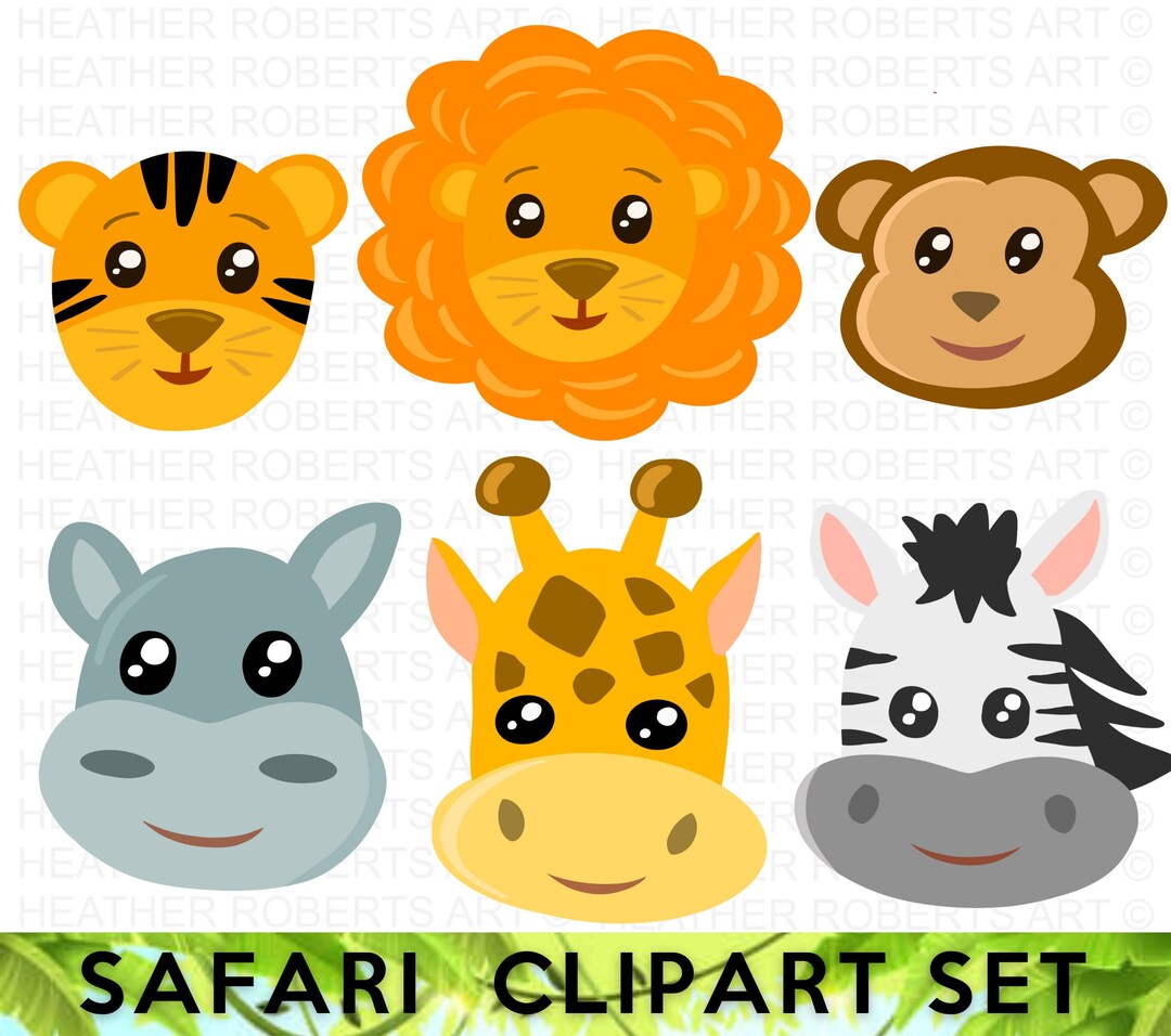 Safari Jungle Animal Faces Clipart Set, Safari PNG, Cute Animals ...