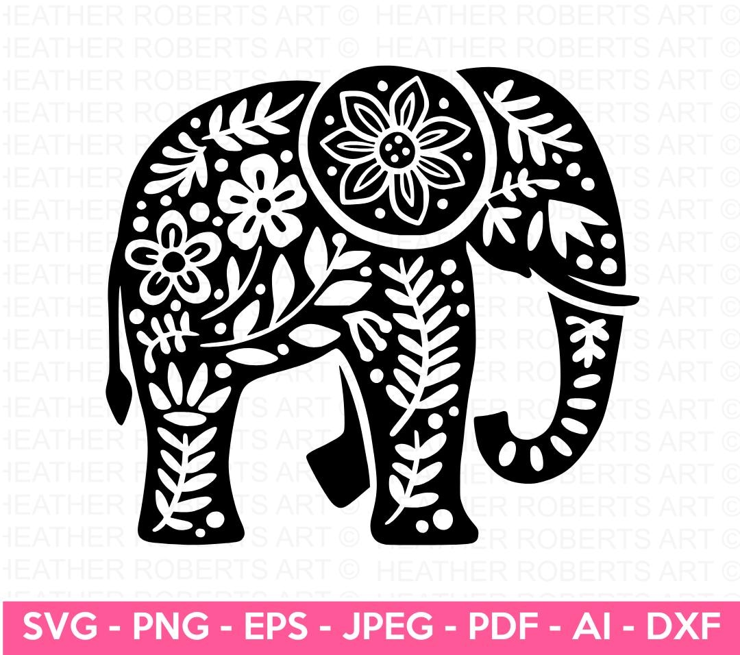 Elephant Svg Png Template, Elephant Cut File, Animal Svg, Floral Animal ...