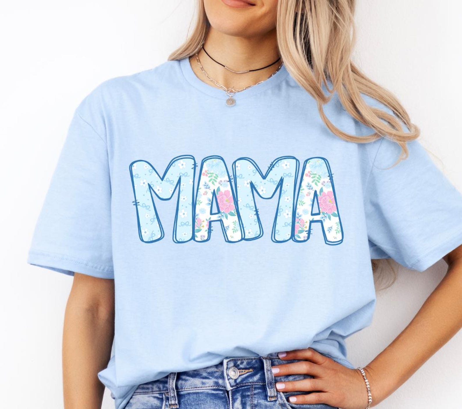 Mama Png, Blue Floral, Stripes, Hand Lettered, Mothers Day, Digital ...