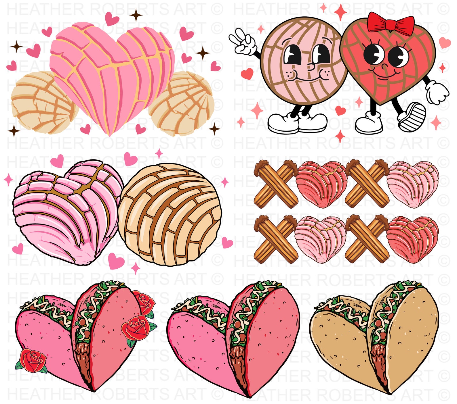 Concha Valentine Clipart Set: Retro Mexican Pan Dulce Heart PNG ...