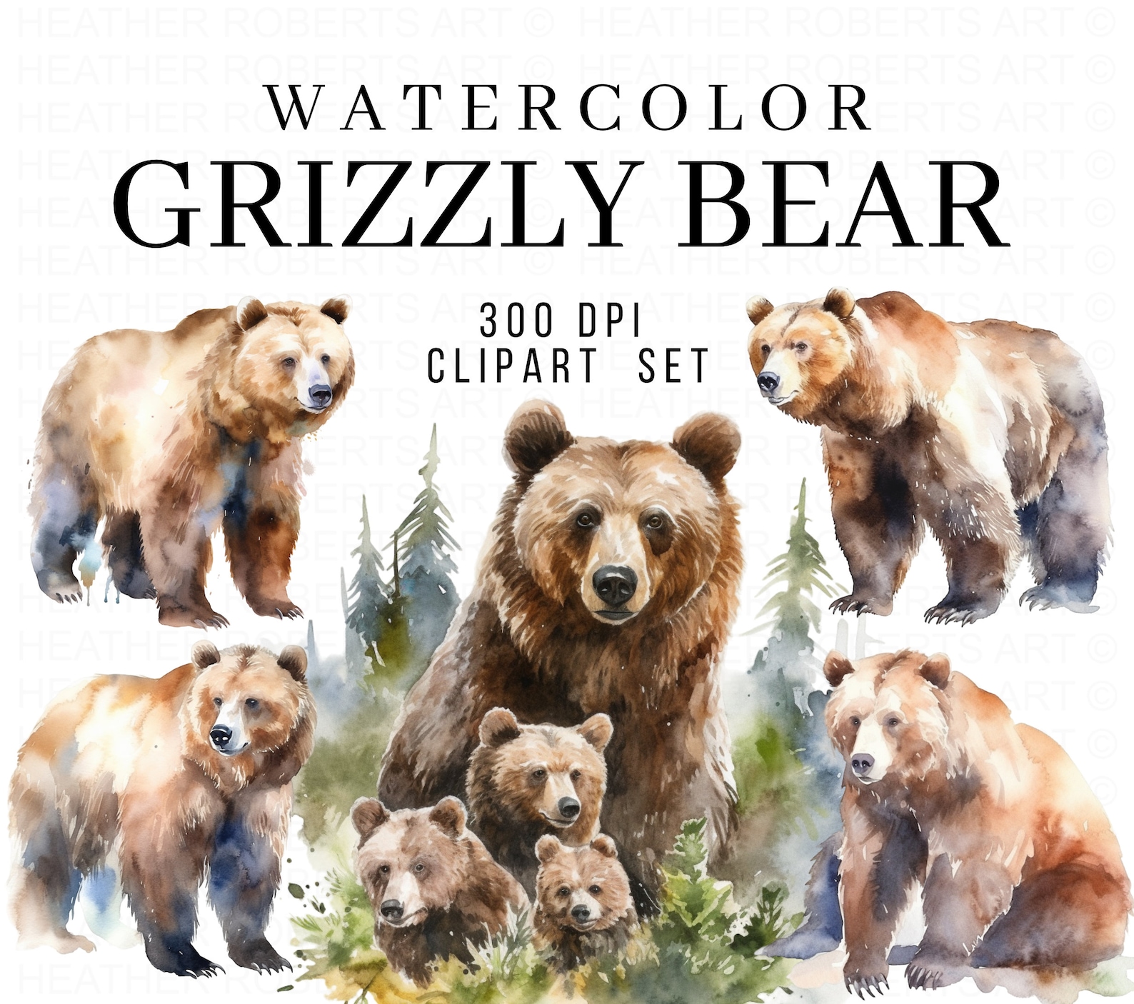 Grizzly Bear Watercolor Clipart, Grizzly Bear Cute Clip Art, Card ...