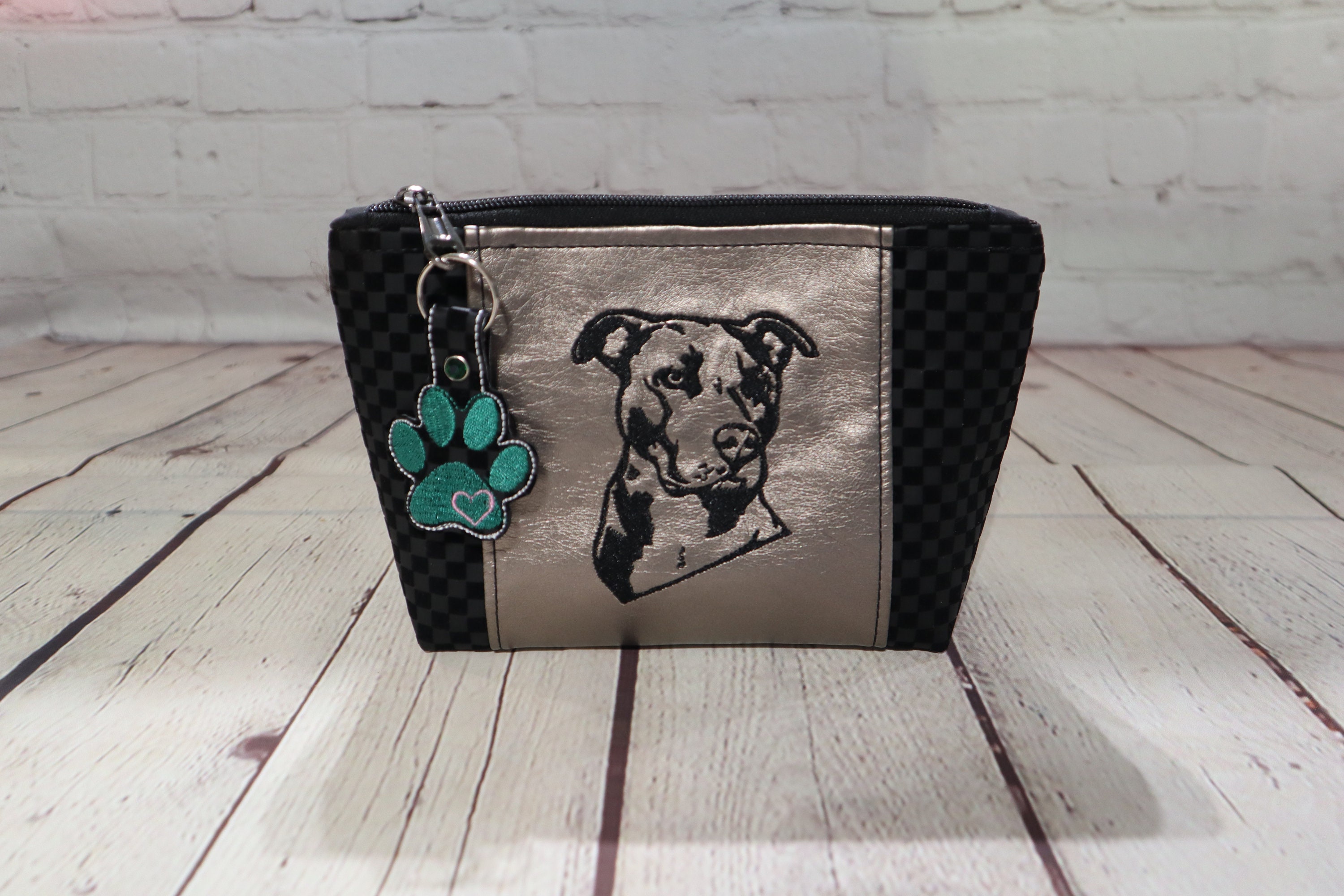 Handmade Makeup Bag, Cosmetic Bag, Pitbull Dog Embroidery, Faux Leather ...