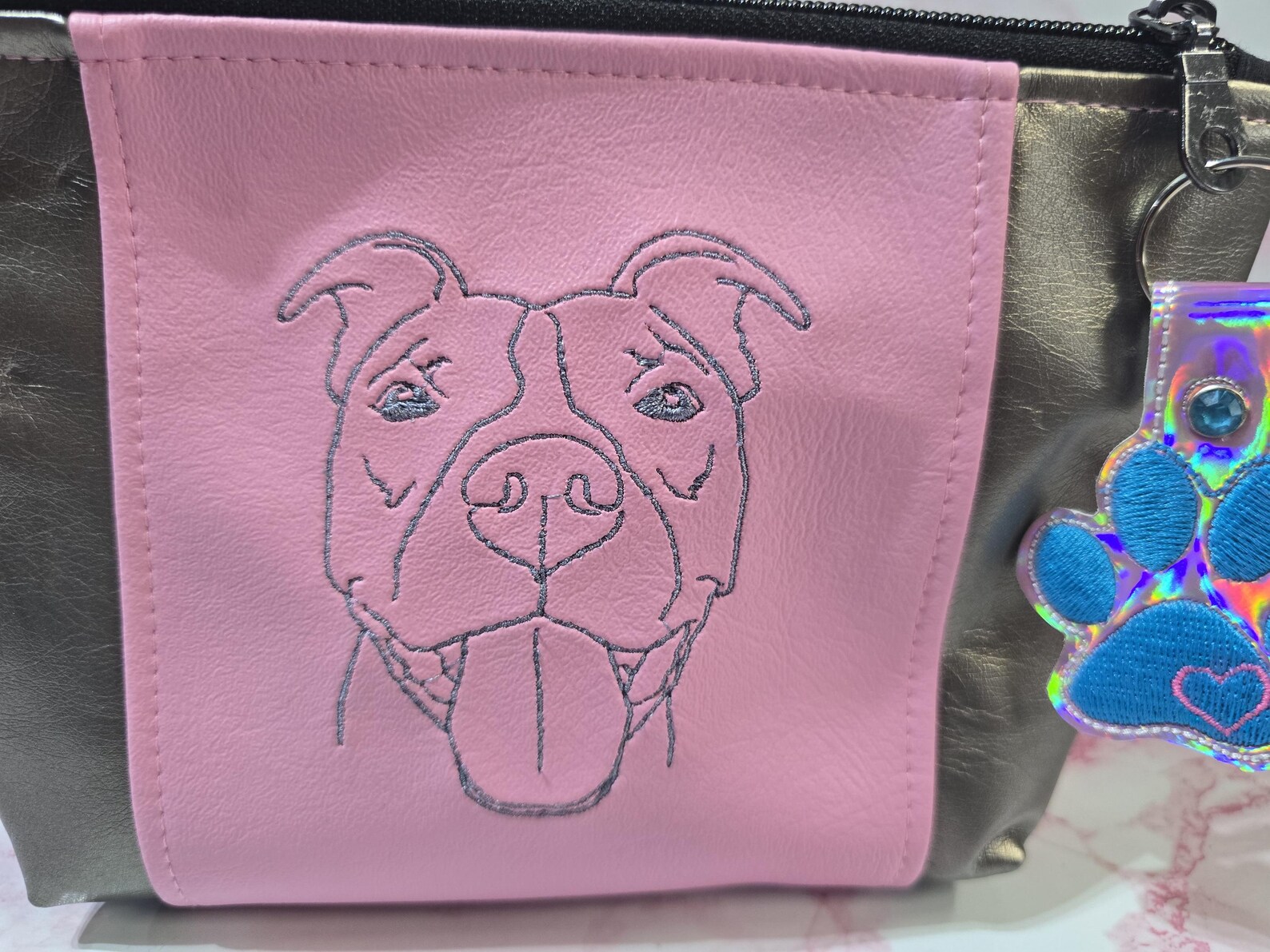 Handmade Makeup Bag, Cosmetic Bag, Pitbull Dog Embroidery, Faux Leather ...