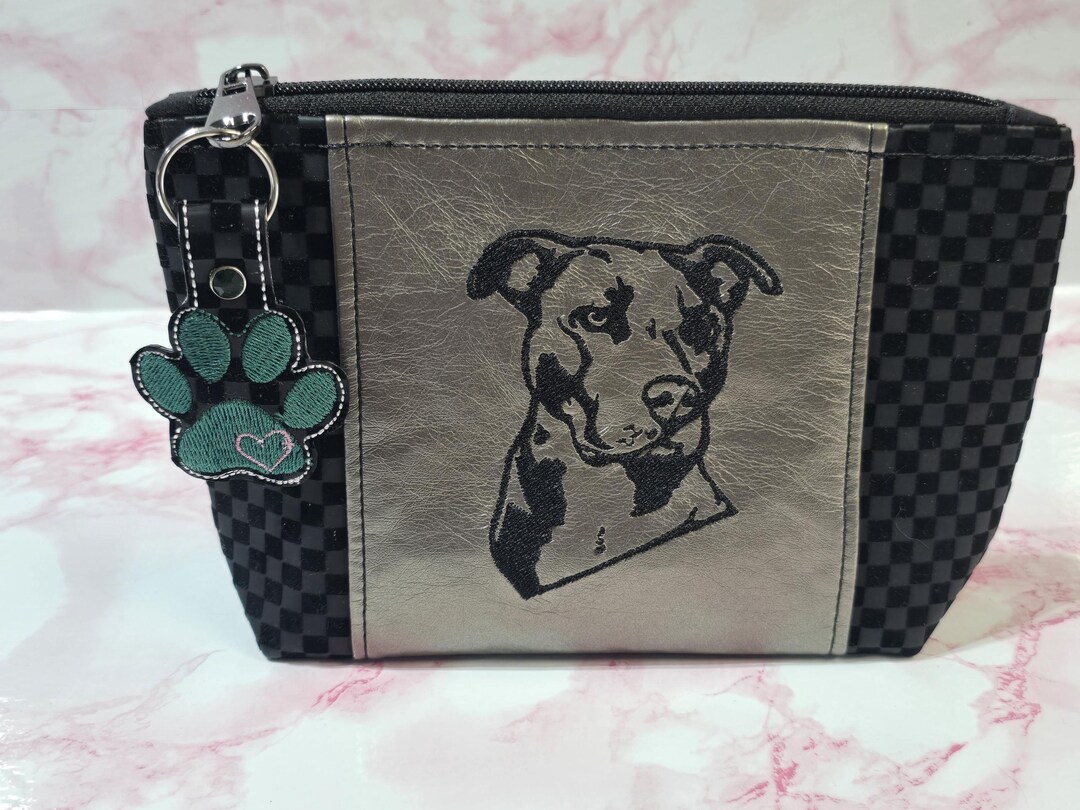 Handmade Makeup Bag, Cosmetic Bag, Pitbull Dog Embroidery, Faux Leather ...
