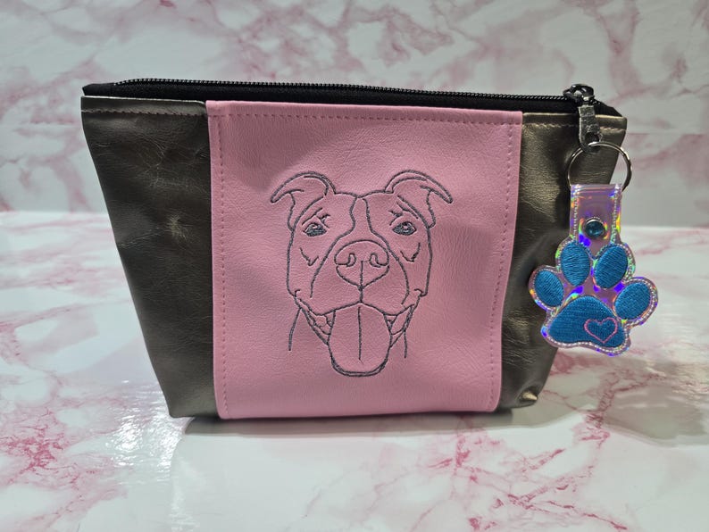 Handmade Makeup Bag, Cosmetic Bag, Pitbull Dog Embroidery, Faux Leather ...
