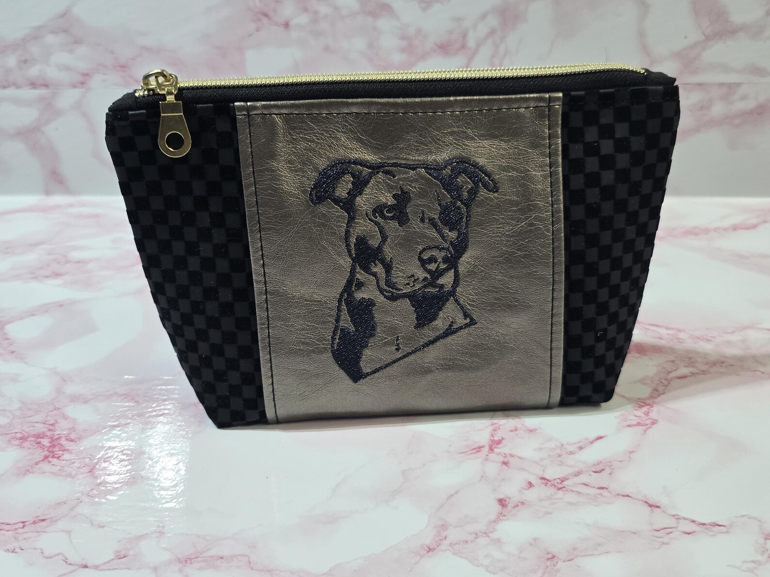 Handmade Makeup Bag, Cosmetic Bag, Pitbull Dog Embroidery, Faux Leather ...