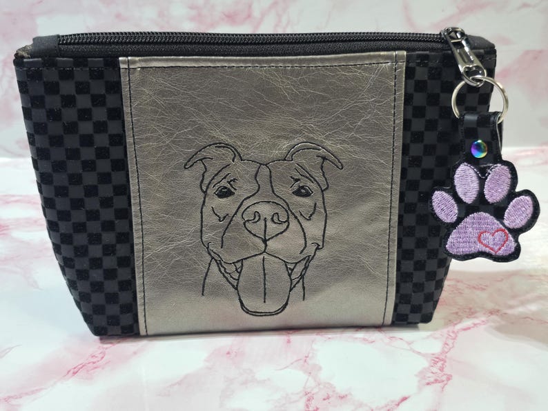 Handmade Makeup Bag, Cosmetic Bag, Pitbull Dog Embroidery, Faux Leather ...