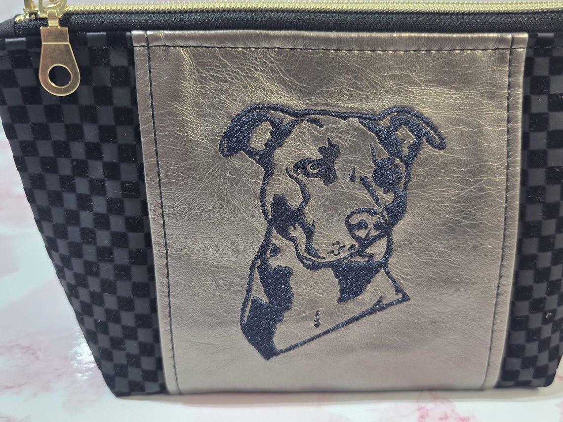 Handmade Makeup Bag, Cosmetic Bag, Pitbull Dog Embroidery, Faux Leather ...