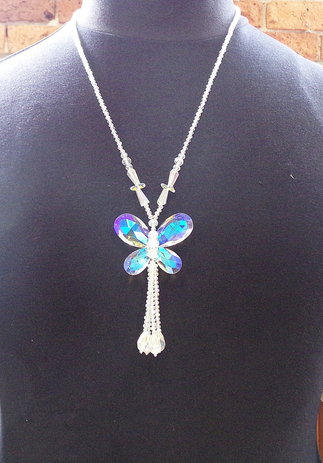Large Clear Glass Butterfly Pendant Necklace With Tassel. Made With All ...