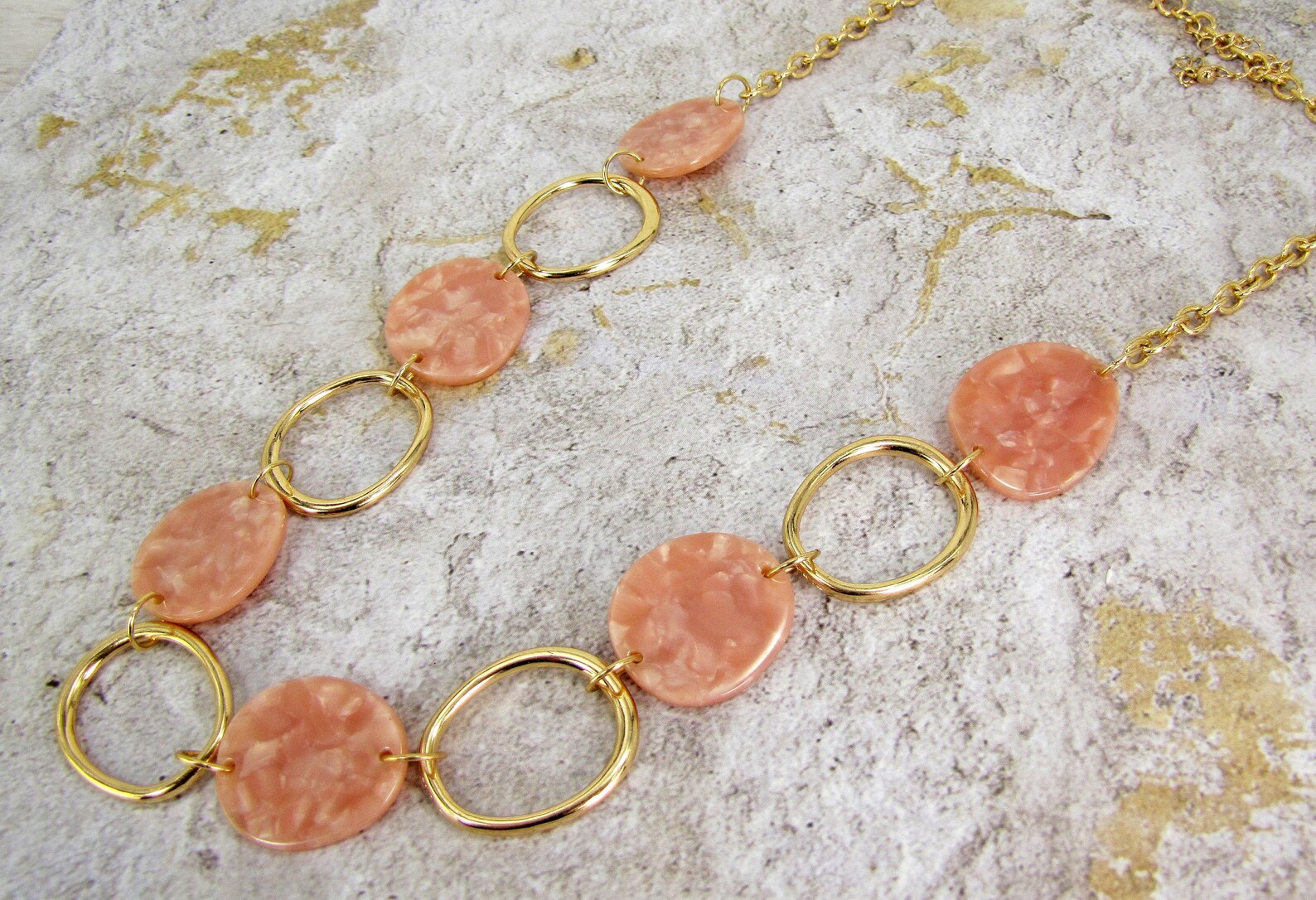 Long Pink and Gold Link Necklace With Pink Flat Marble Looking Oval ...