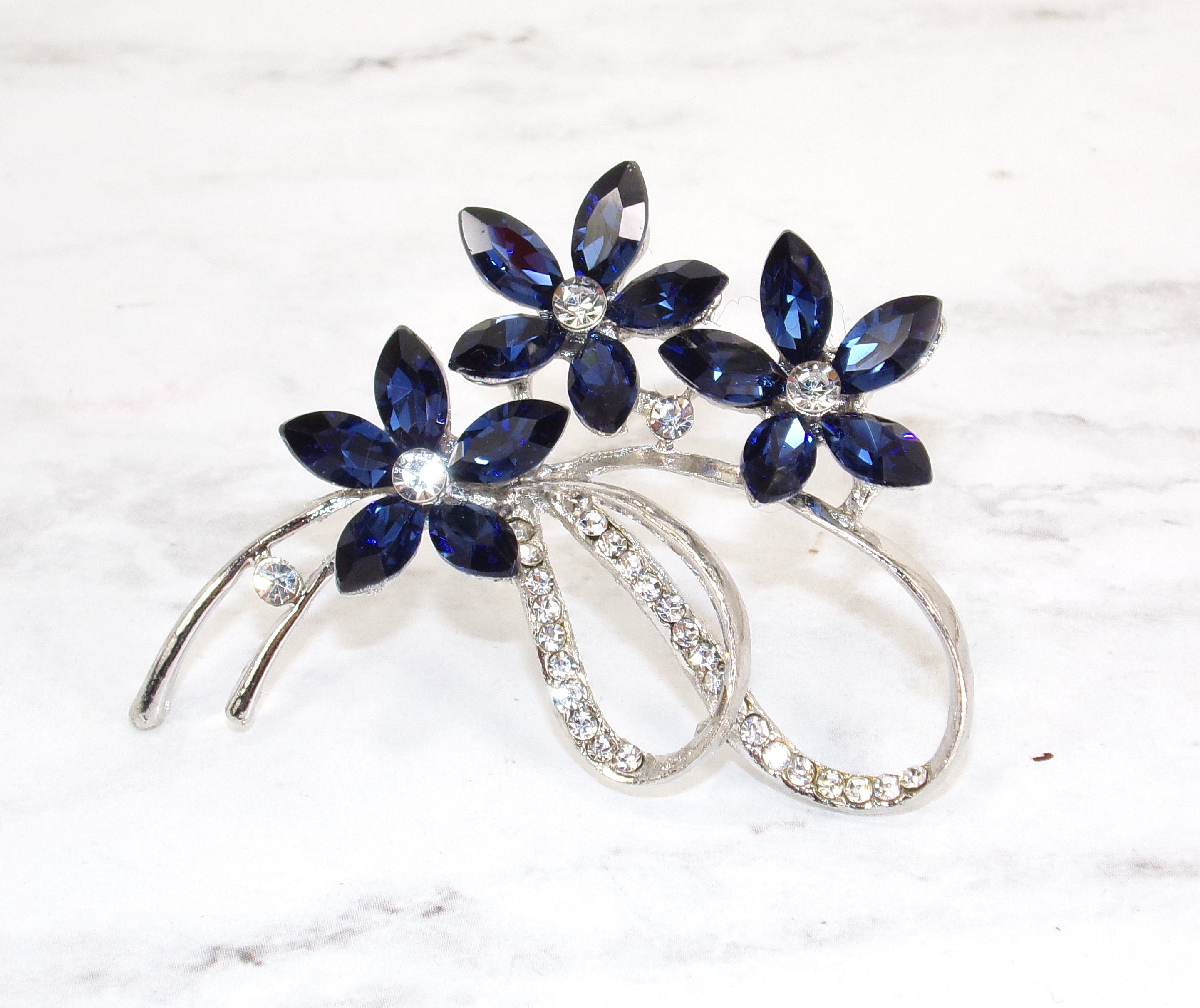 Blue Color Crystal Flower Pin Brooch Created With Three Large Crystal ...