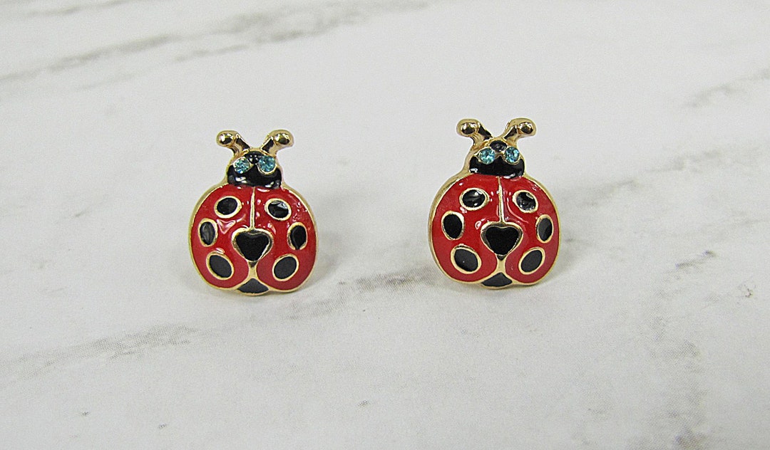 Red Ladybug Earrings in Red and Black Enamel, Blue Crystal Eyes, Gold ...