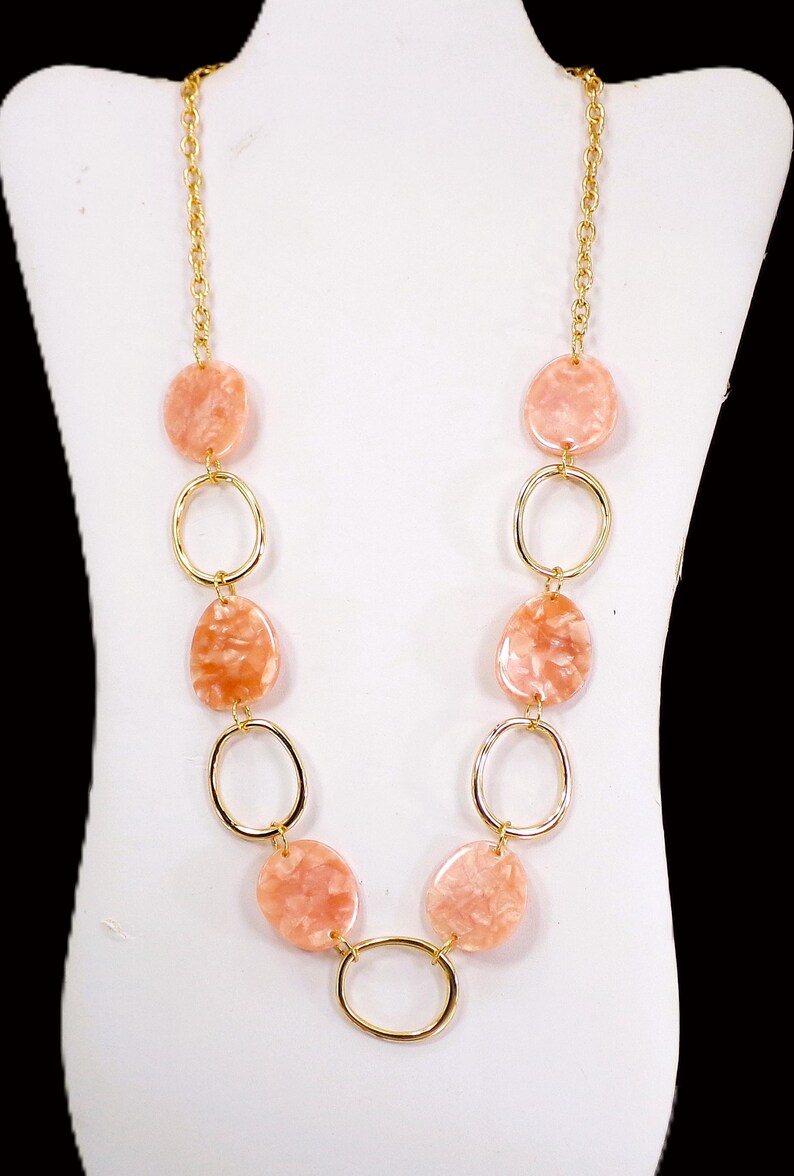 Long Pink and Gold Link Necklace With Pink Flat Marble Looking Oval ...