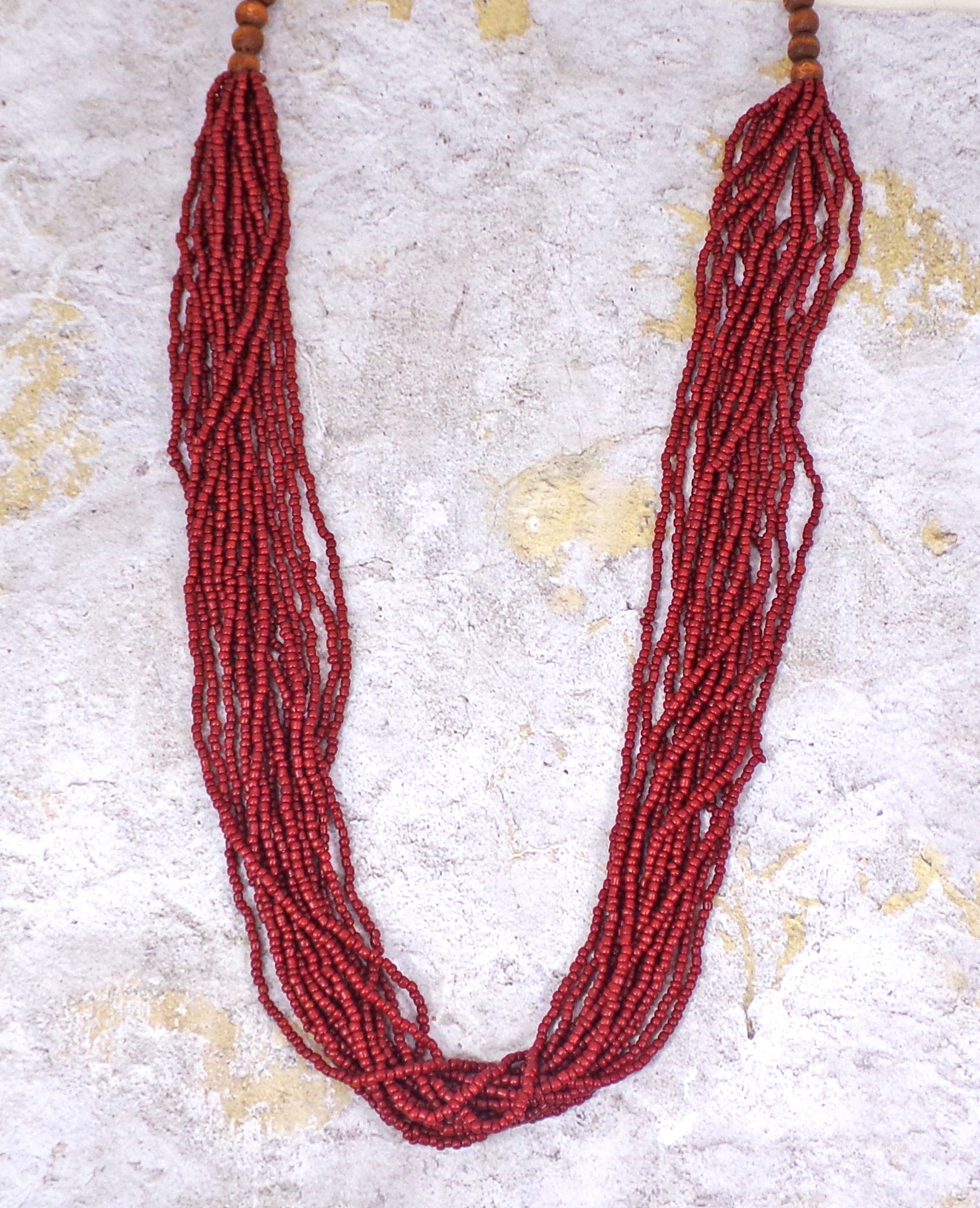 Long Red Berry Color Seed Bead Necklace With Wood Beads. Multi Strand ...